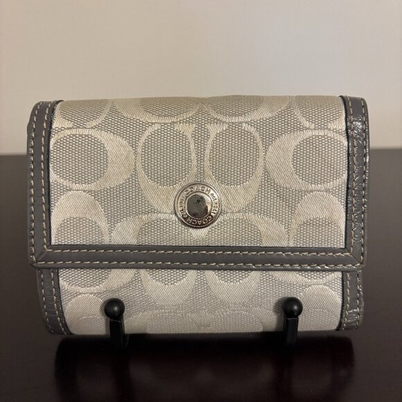 Coach | Bags | Coach Signature Gray Jacquard Gray Leather Trifold ...